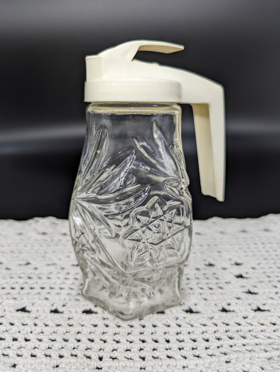 Vintage ANDROCK Cut Glass Syrup Pitcher With Plastic Thumb Lever Pour ...