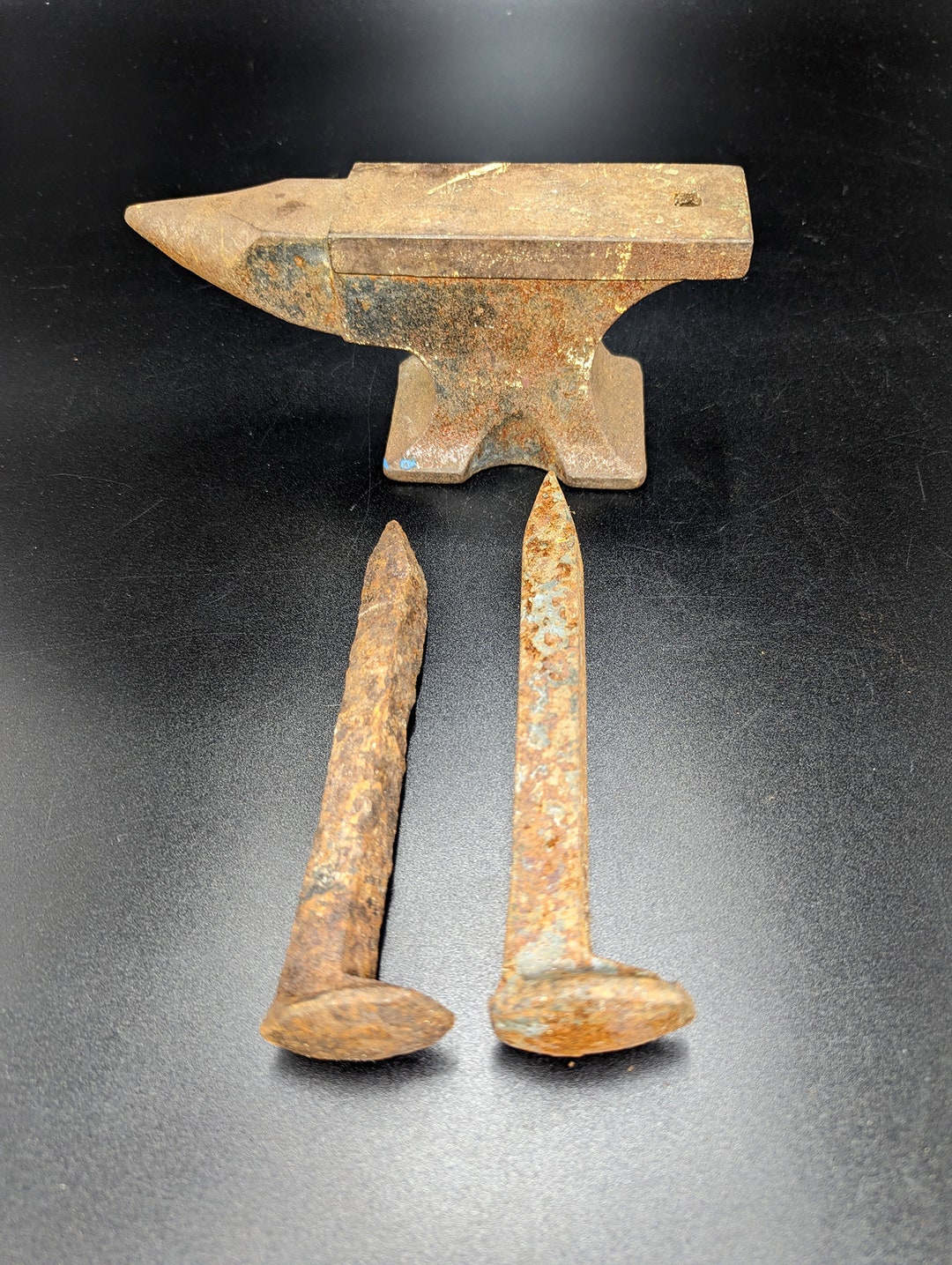 Vintage Very Old 7" Cast Iron Anvil and 2 Old Hand Forged Railroad ...