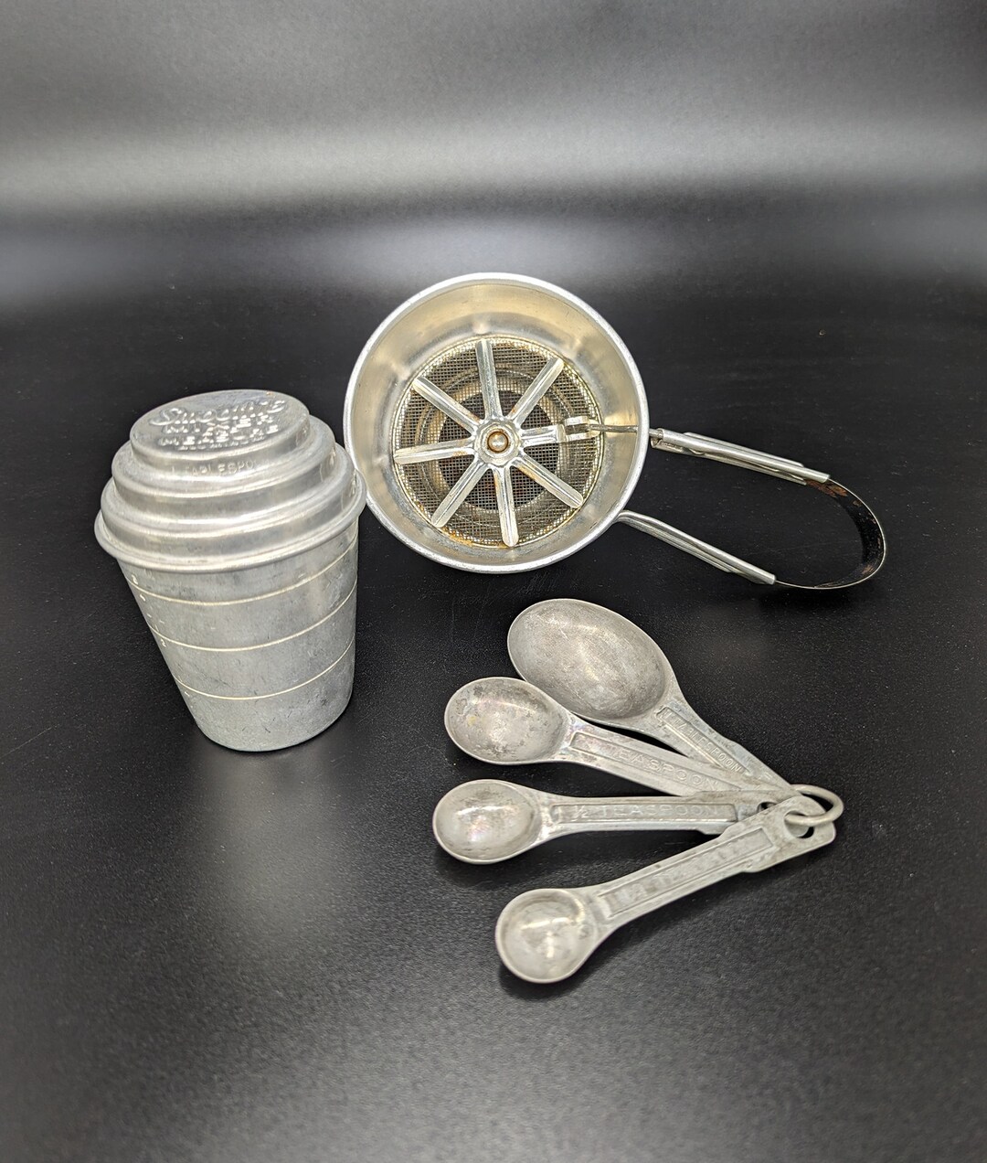 Vintage Group of 3 Aluminum Kitchen Tools Sifter, Measuring Spoons and ...