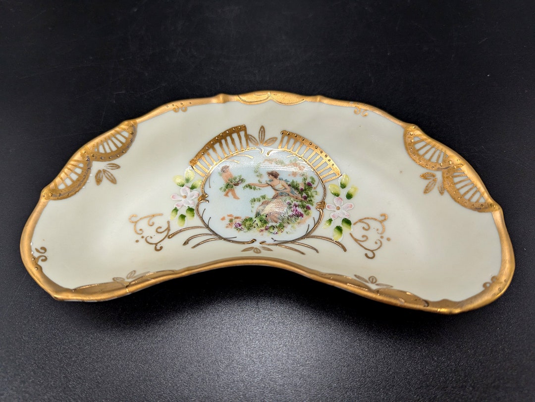 Vintage Bone China Crescent Dish With Textured Accents and Gold Trim ...