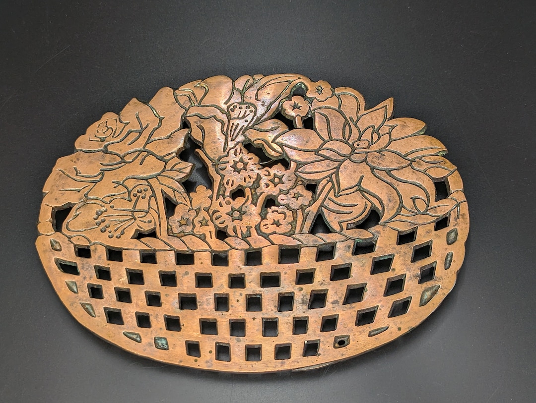 Vintage Heavy Copper Plated Cast Iron Footed Trivet Basket With Flowers ...