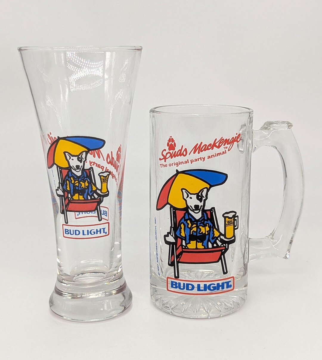 Vintage Pair of 1980s SPUDS MACKENZIE Bud Light Beer Glasses 1 Pilsner ...