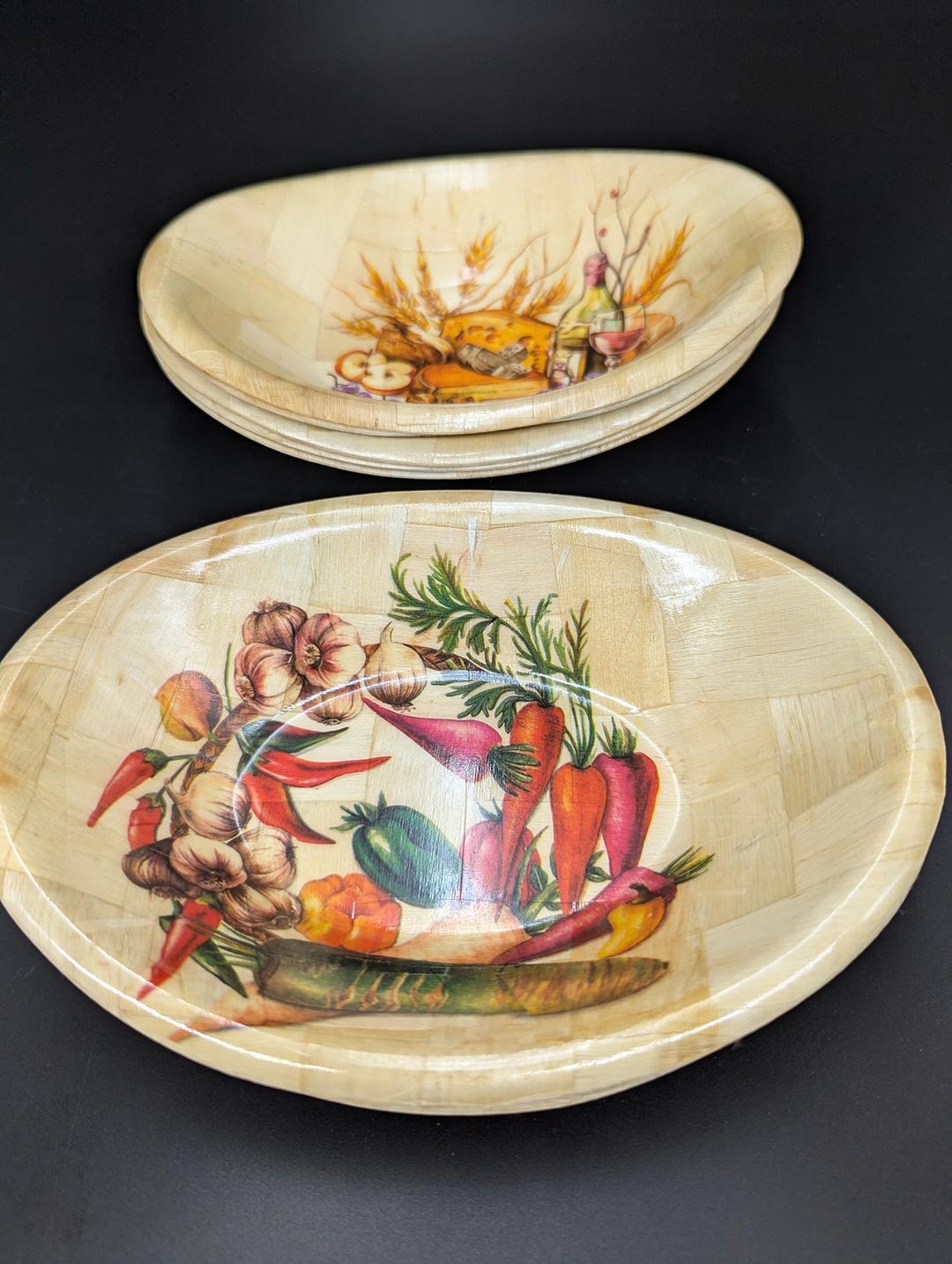 Vintage MCM SET OF 8 Oval Woven Bamboo Salad Bowls With Fruit and ...