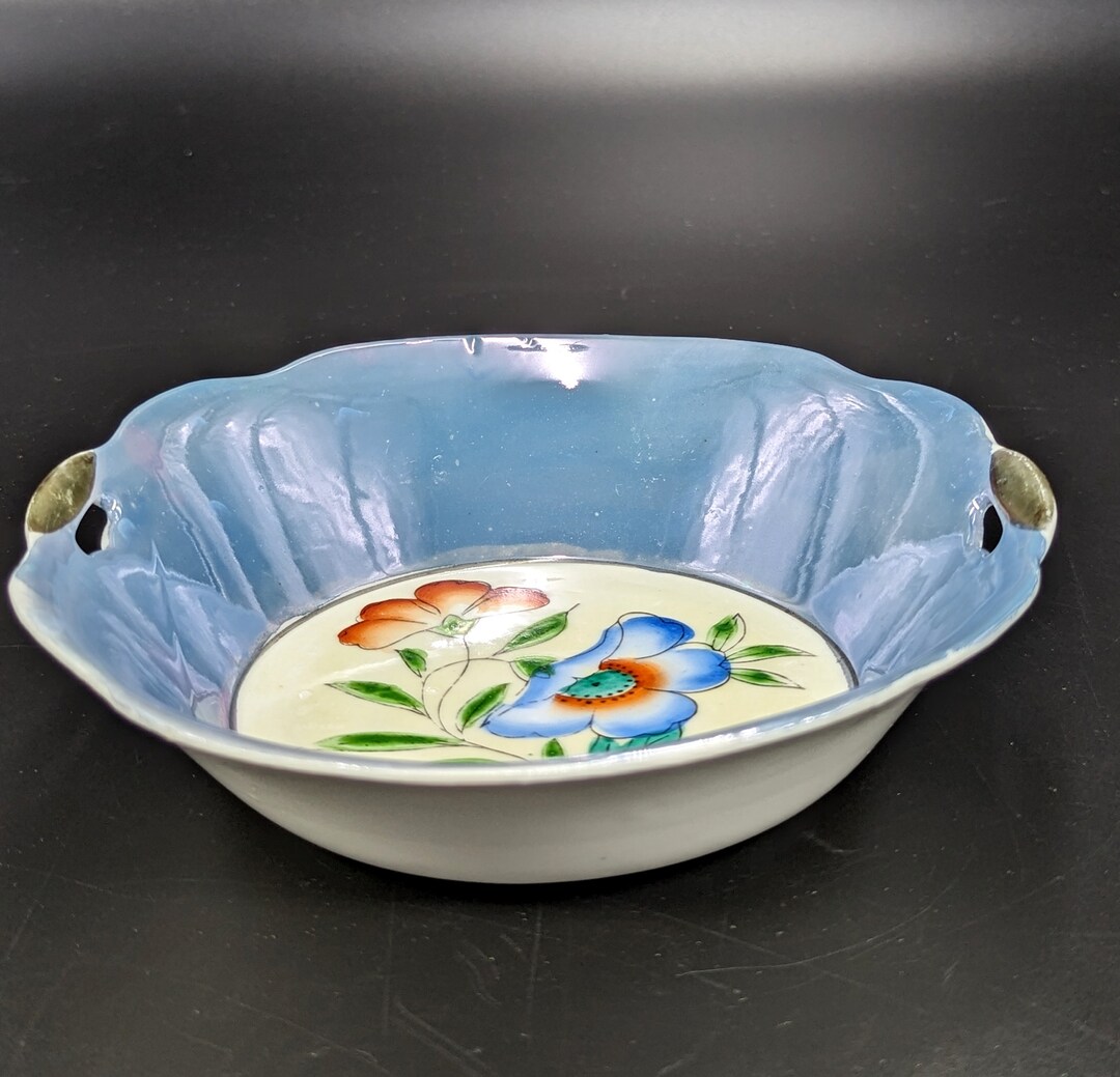 Vintage Blue Lusterware Floral 7" Bowl With Cut Out Handles - V1397 - Etsy