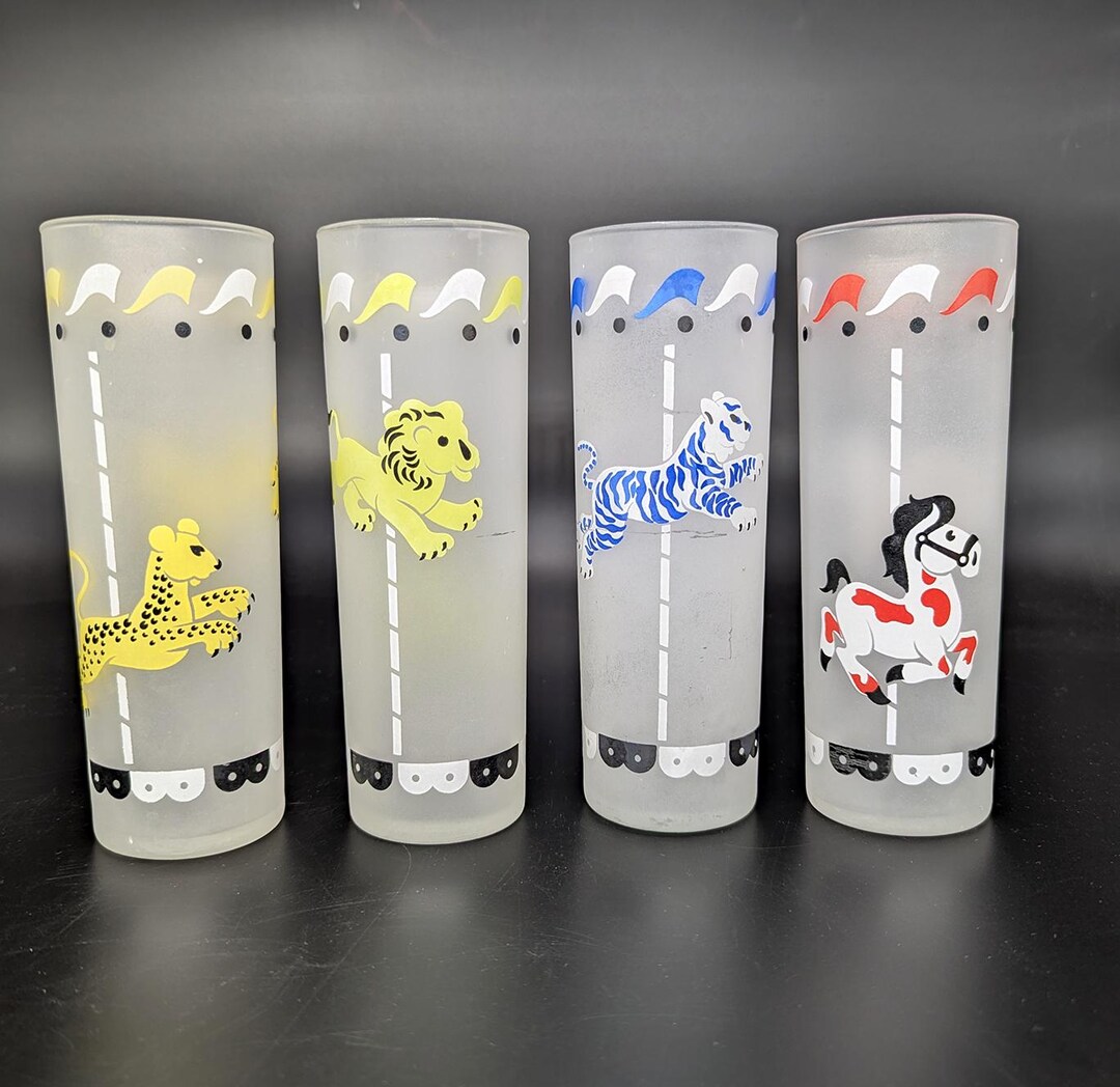 Vintage MCM Set of 4 Libbey Carousel Animal 7" Tall Frosted Glasses ...