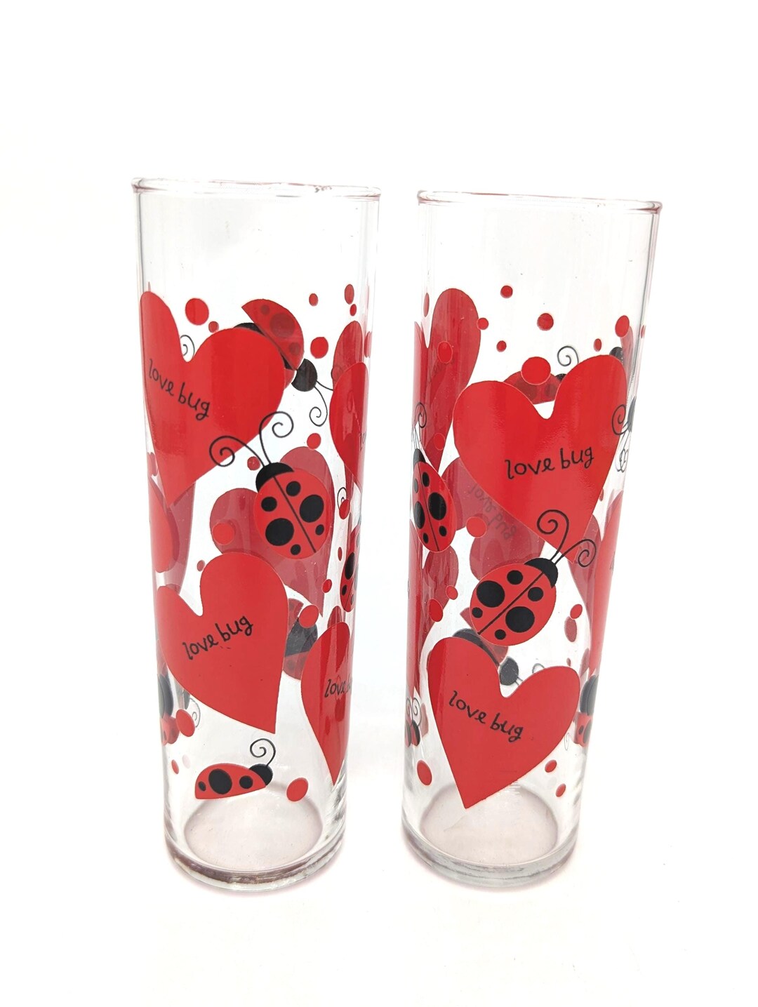 Vintage Pair of "love Bug" 6.75" Tall Glasses With Red Hearts and ...