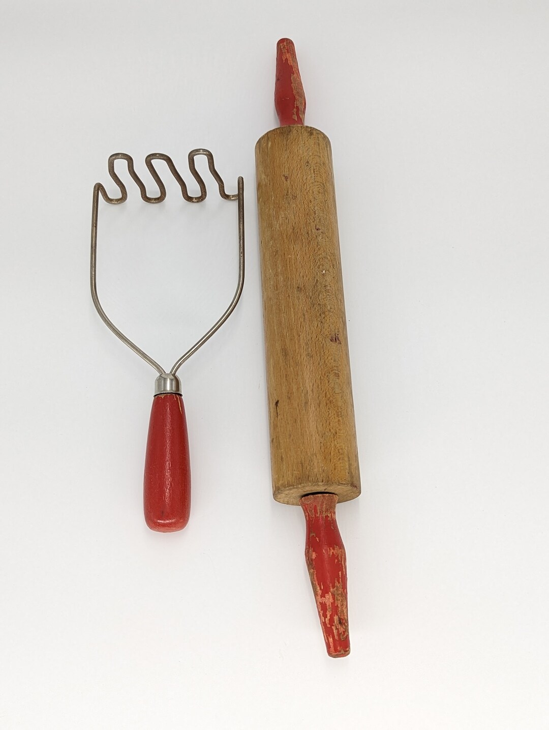 Vintage Pair of Red Wood Handled Kitchen Utensils Rolling Pin and ...