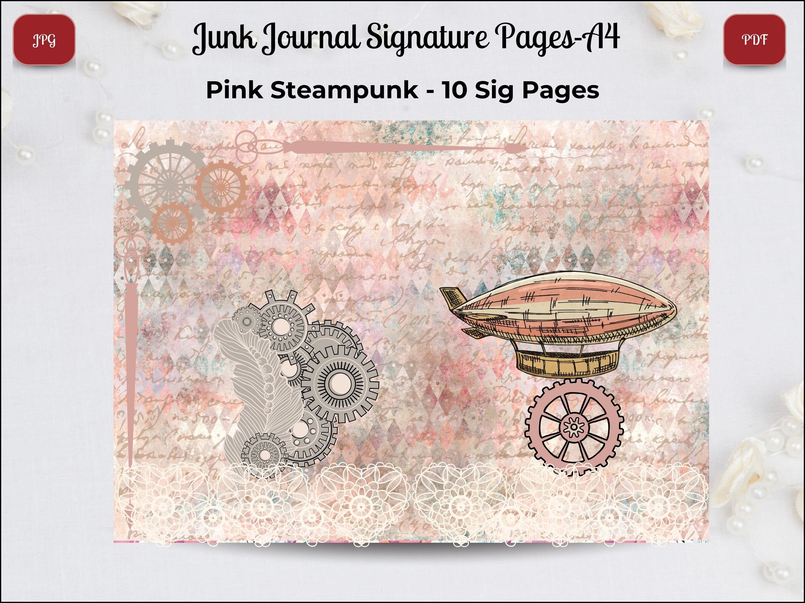 10 Junk Journal Printable Pages: Pink Steampunk, Cogs, Wheels, Balloons ...