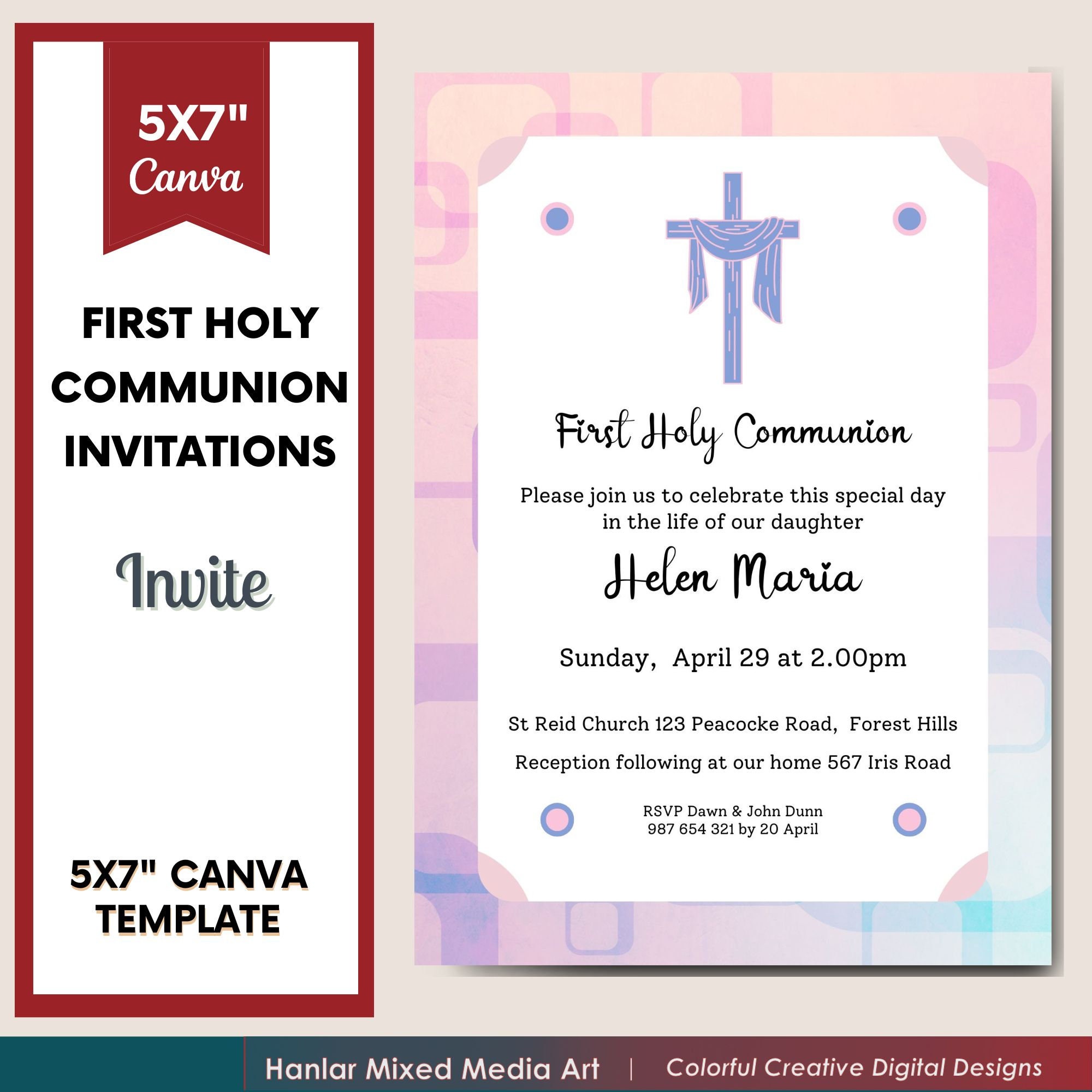 First Holy Communion Invitation for Boy or Girl-5x7-pink Purple Rounded ...