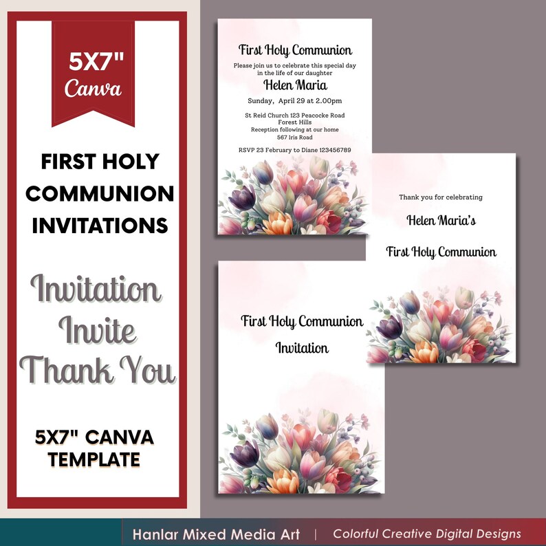 First Holy Communion Invite-boy or Girl-5x7 Portrait-3 Cards-watercolor ...