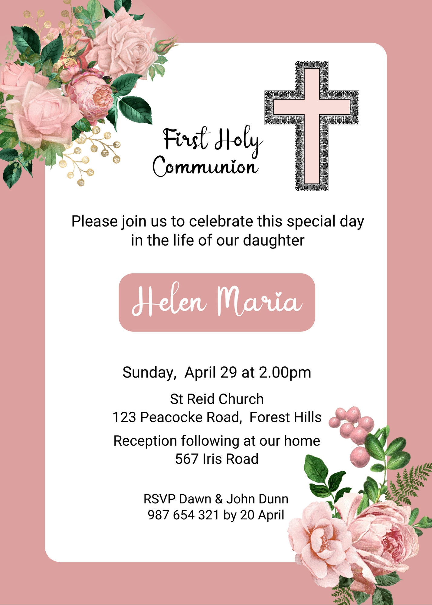 First Holy Communion Invitation for Girl-5x7 Portrait. Pink Border Pink ...