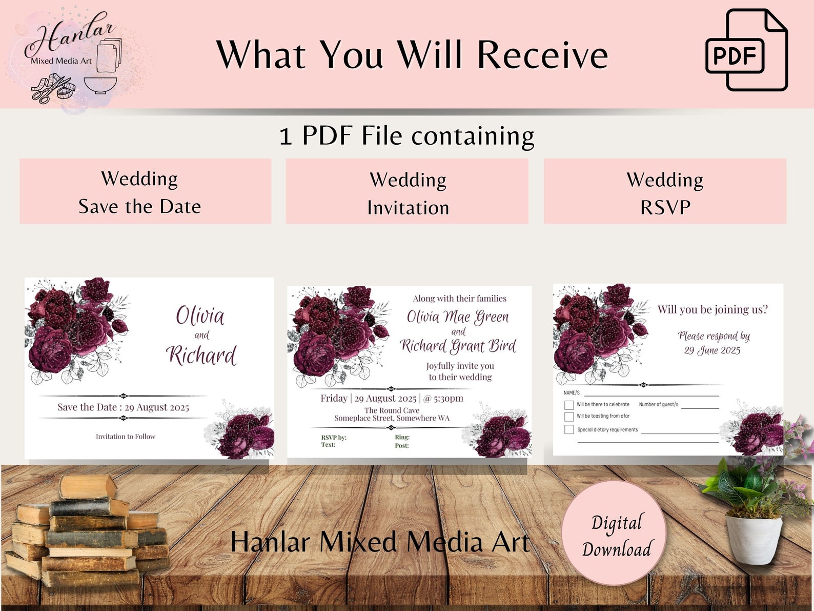 Text Editable, Printable, Magenta Floral Silverfoliage Wedding ...