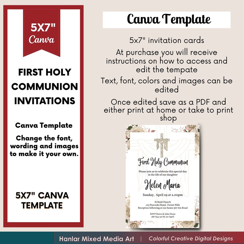 First Holy Communion Invitation for Boy Girl-5x7-soft White Roses ...