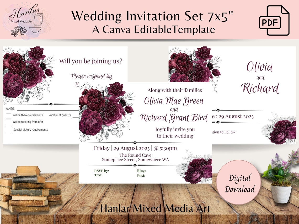 Text Editable, Printable, Magenta Floral Silverfoliage Wedding ...