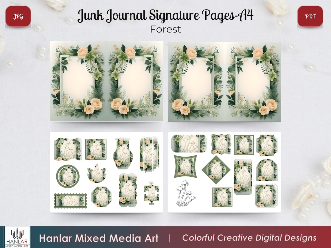 8-A4 L/scape Printable Digital Signature Pages-forest Green Cream ...