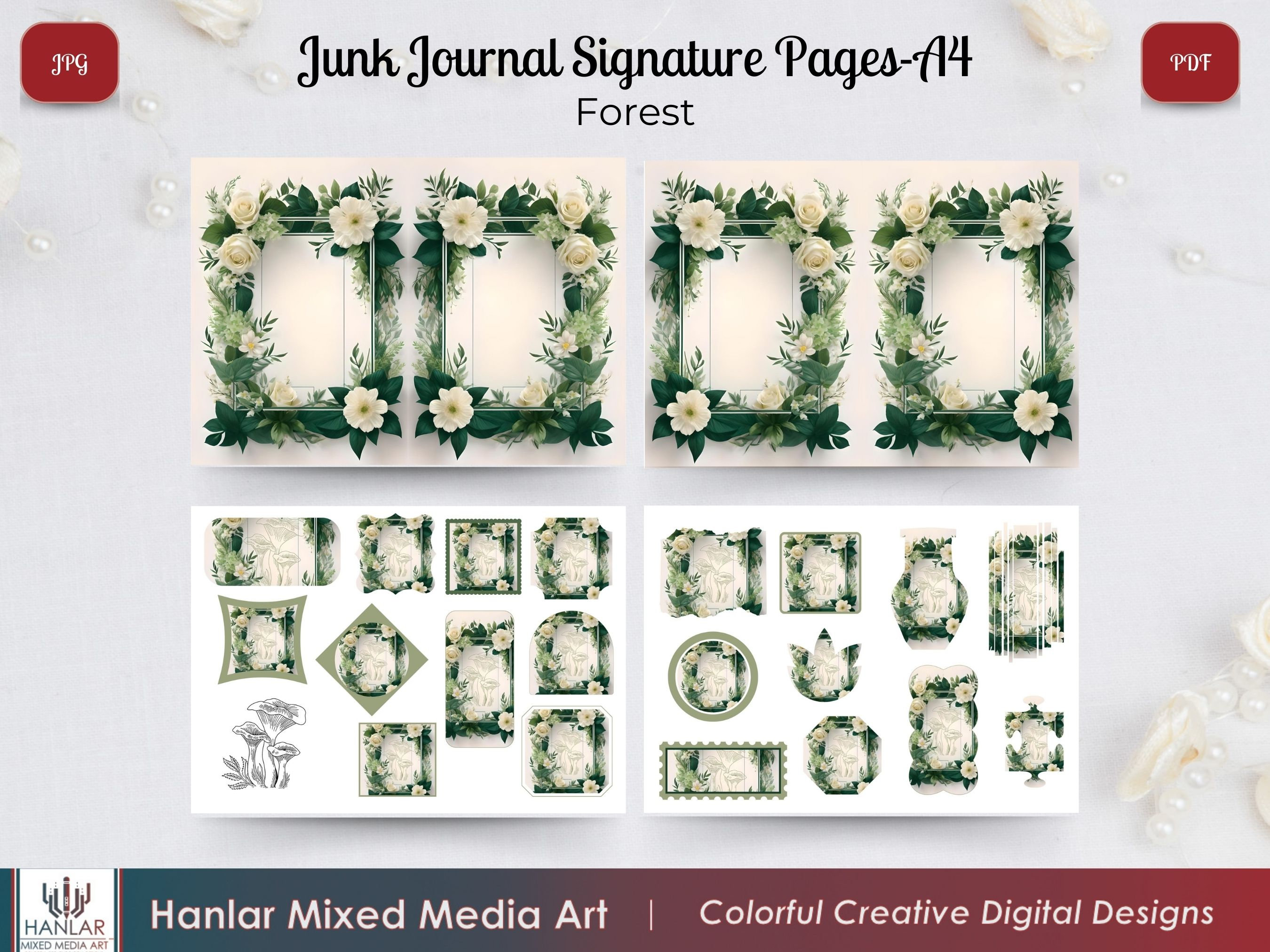 8-A4 L/scape Printable Digital Signature Pages-forest Green Cream ...