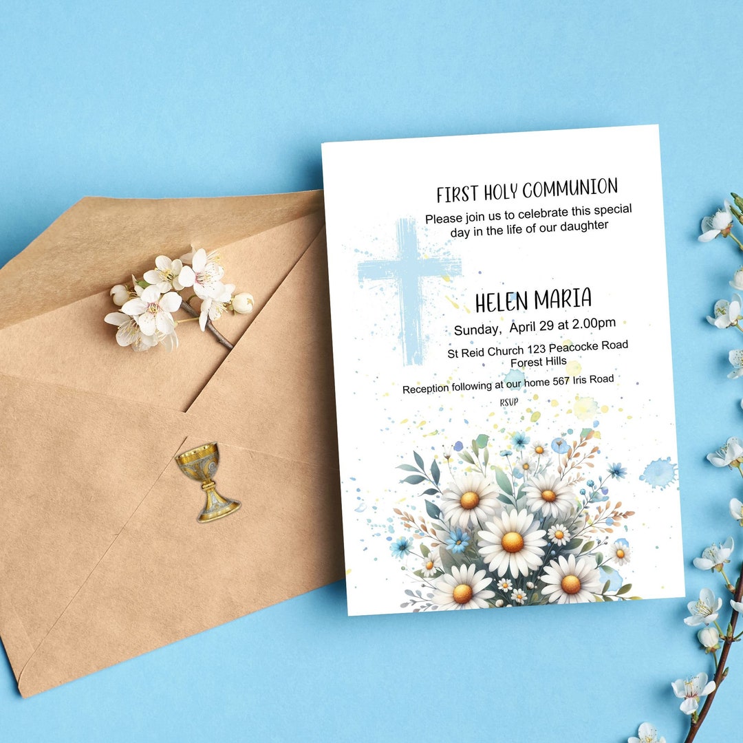 First Holy Communion Invite-boy or Girl-5x7 Port-3 Cards-blue Cross and ...