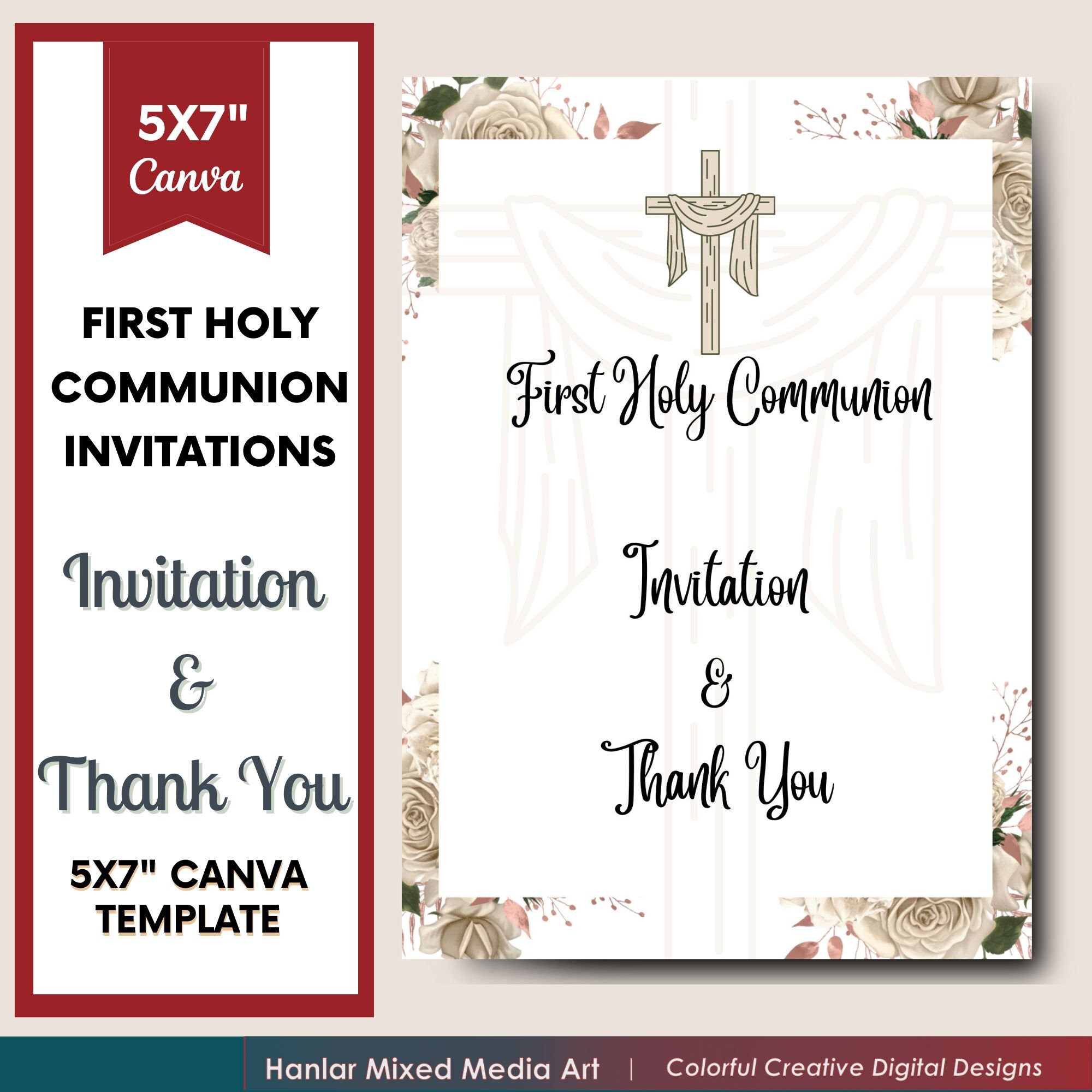 First Holy Communion Invitation for Boy Girl-5x7-soft White Roses ...