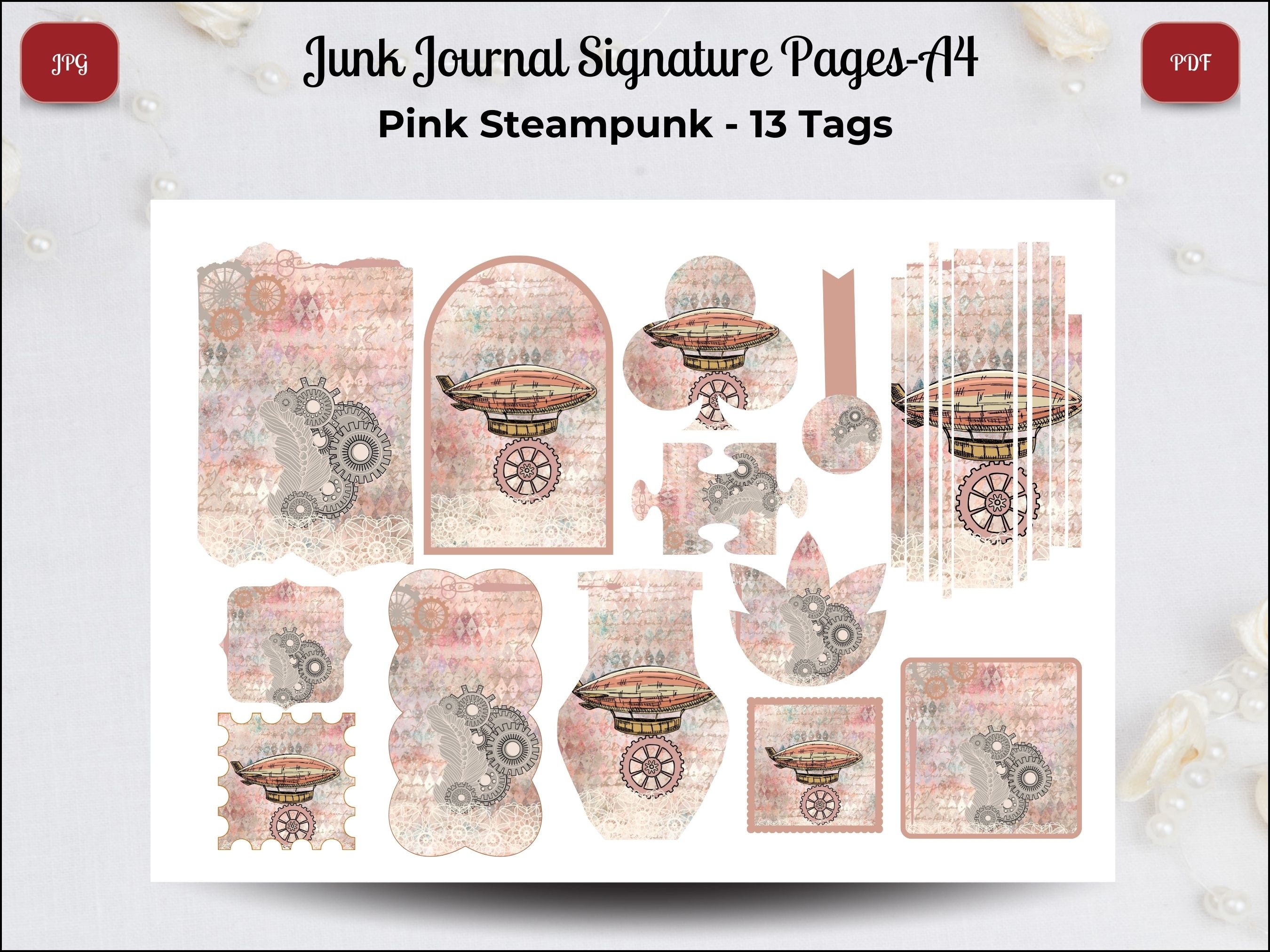 10 Junk Journal Printable Pages: Pink Steampunk, Cogs, Wheels, Balloons ...