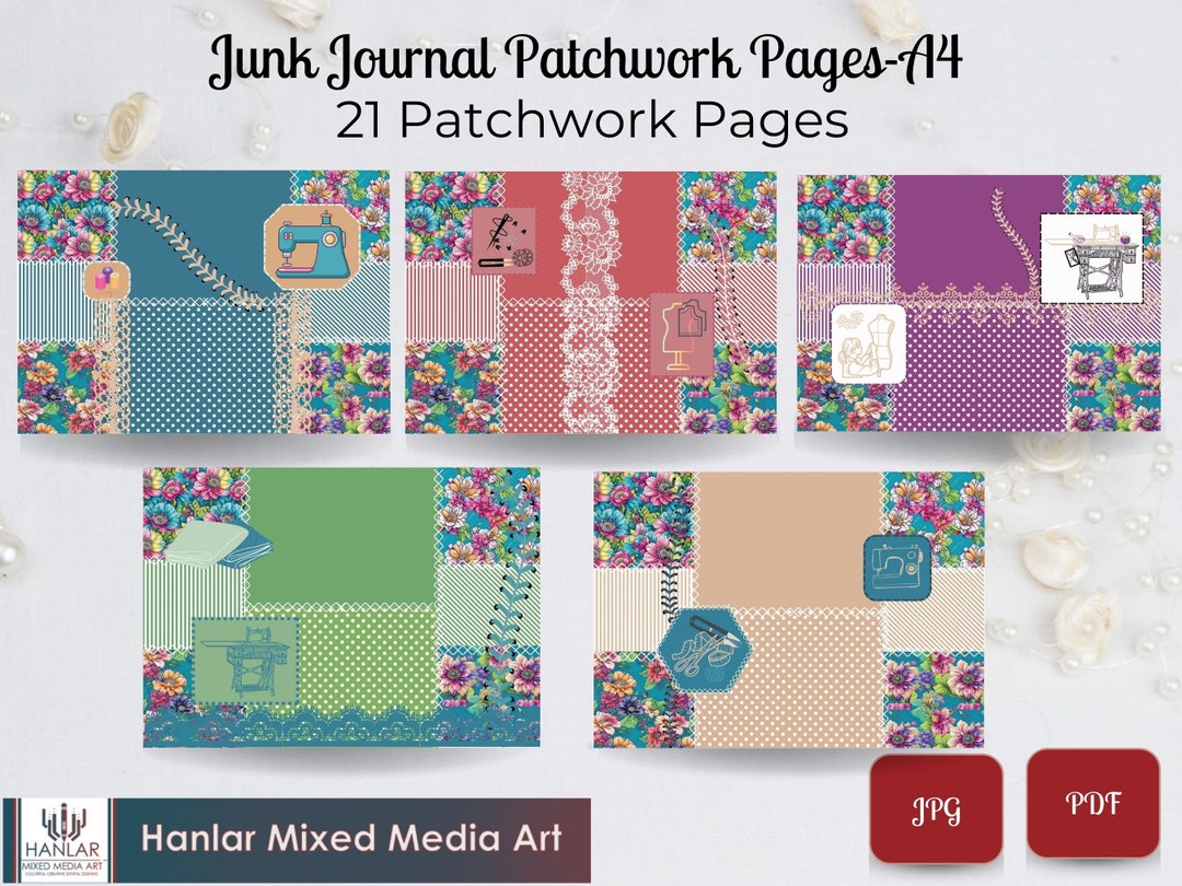 21 A4 L/scape Printable Digital Made Junk Journal Patchwork Pages-blue ...