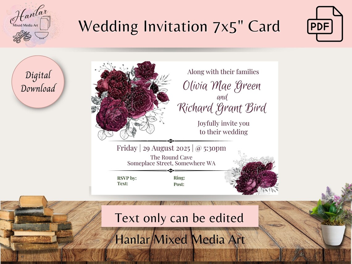 Text Editable, Printable, Magenta Floral Silverfoliage Wedding ...