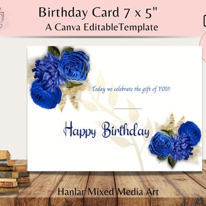 Happy Birthday Card 7x5 Navy Blue Flowers Instant - Etsy