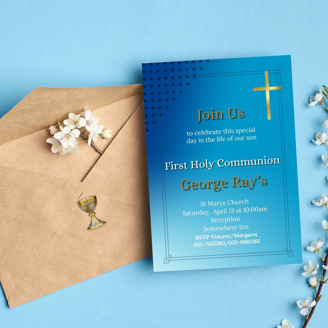 First Holy Communion Invite-boy or Girl-5x7 Port-3 Cards-blue Gradient ...