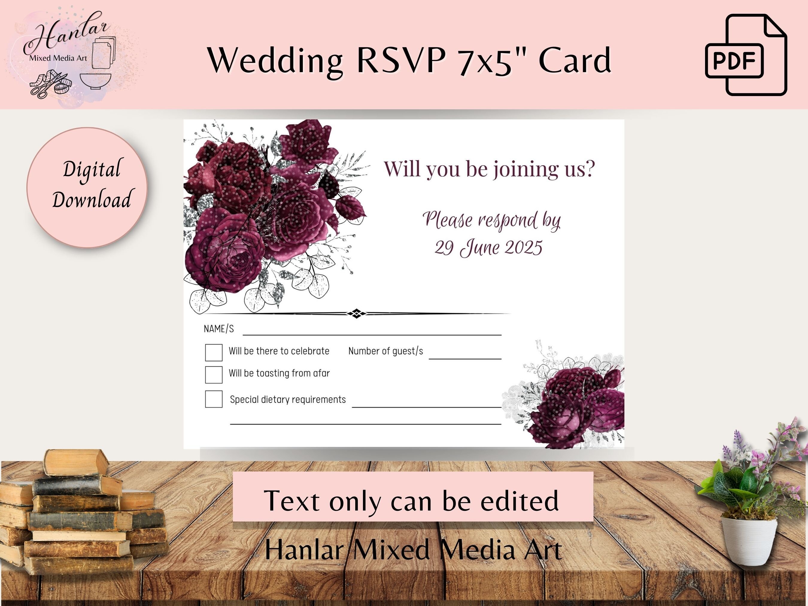 Text Editable, Printable, Magenta Floral Silverfoliage Wedding ...