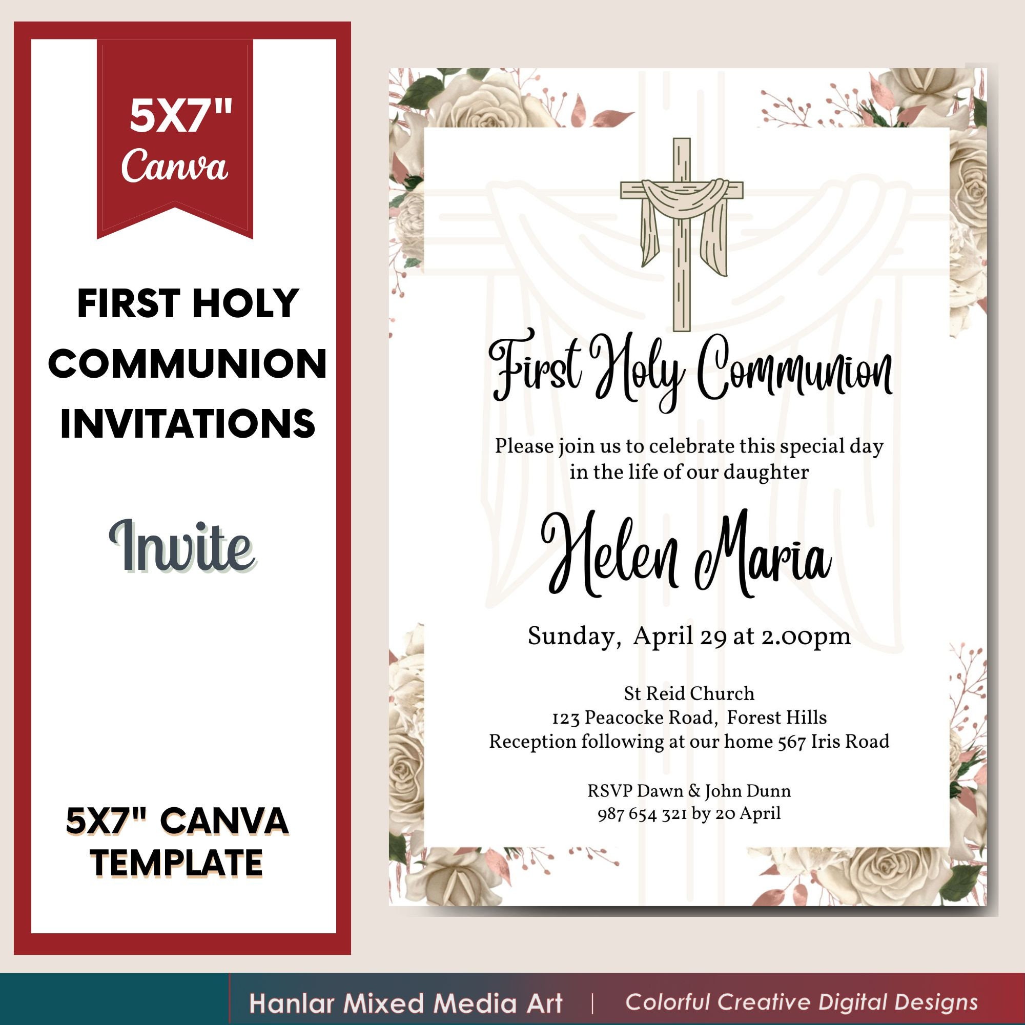 First Holy Communion Invitation for Boy Girl-5x7-soft White Roses ...