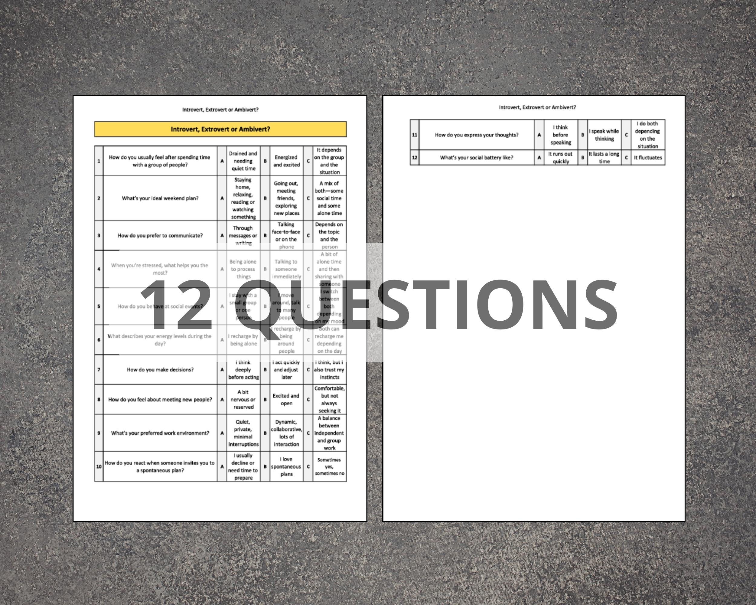 Personality Test Printable | Introvert Extrovert Ambivert Quiz (PDF ...