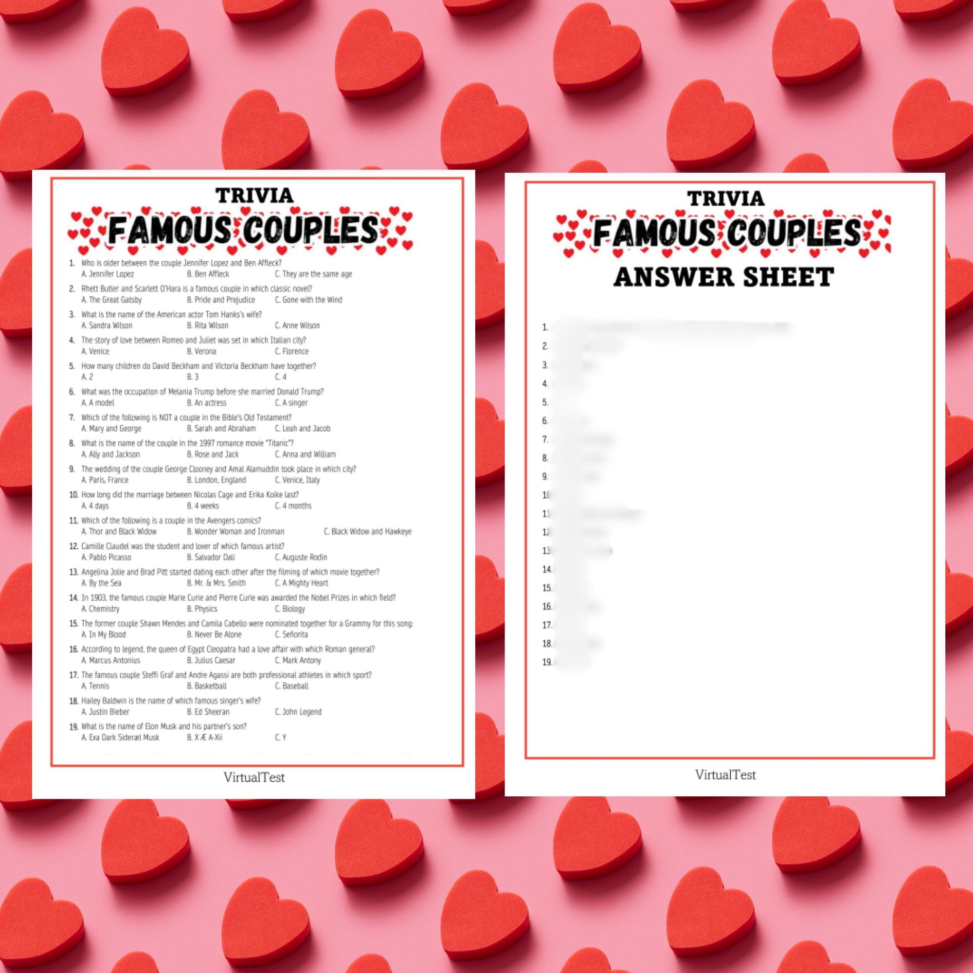 Famous Couples Trivia Game Night (PDF Download) - Etsy