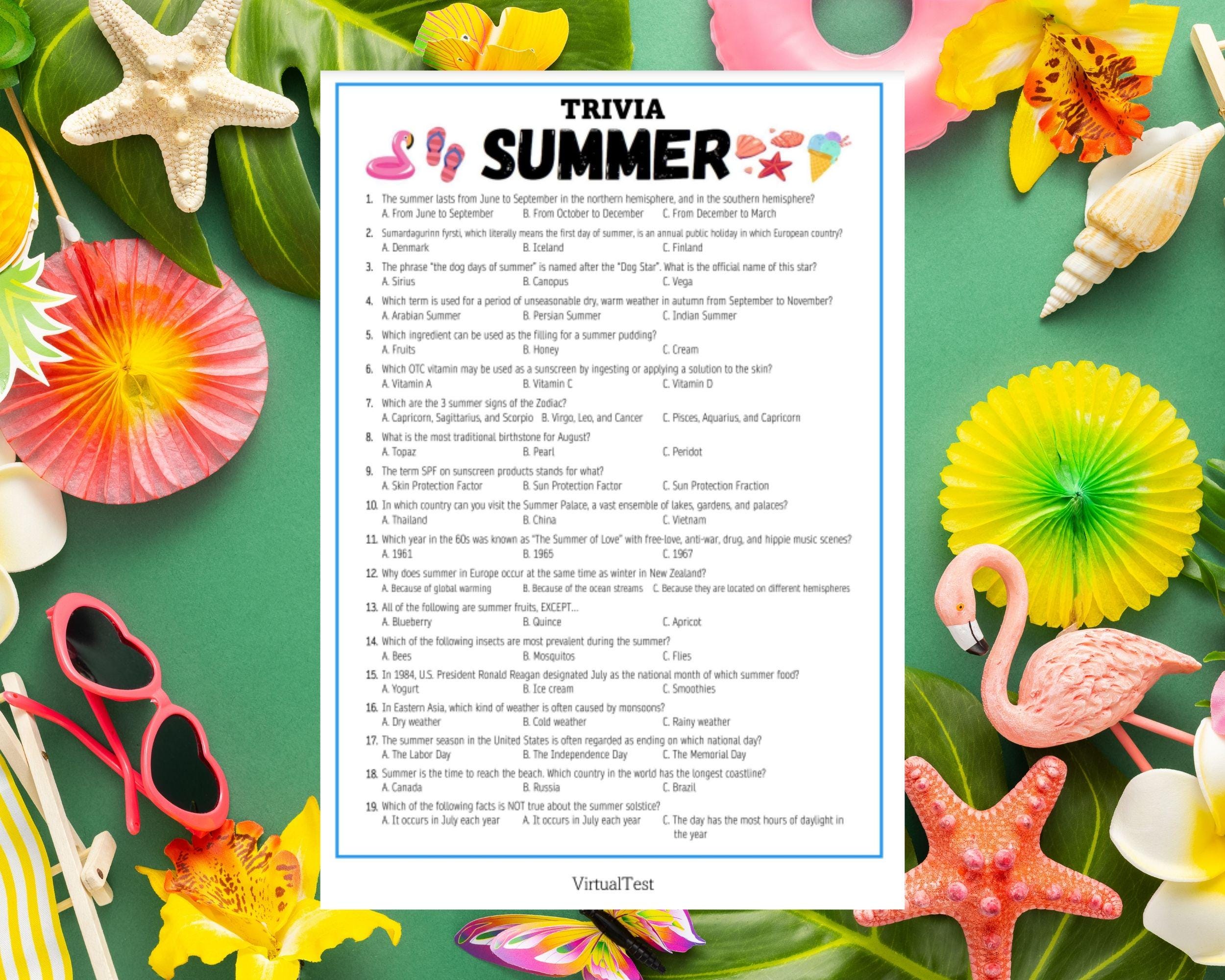 Summer Trivia, Summer Trivia Game, Summer Themed Trivia, Summer ...