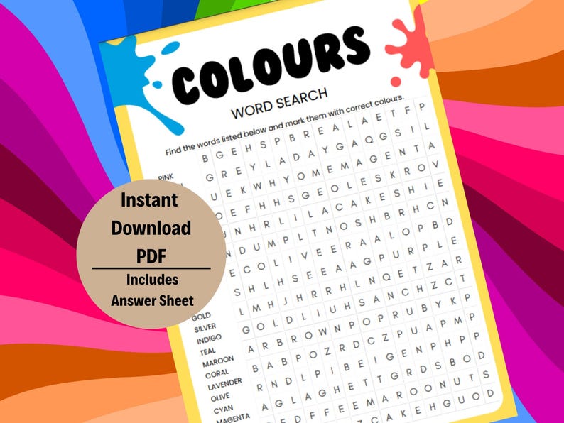 Hard Colours Word Search Printable: Fun Puzzle Game (PDF) - Etsy