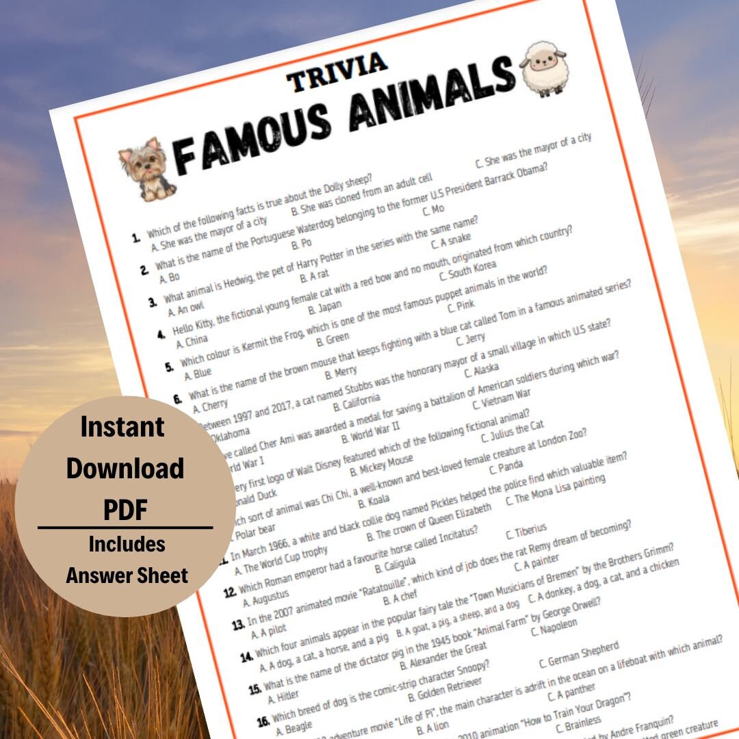 Famous Animal Trivia, Animal Trivia Game, Fun Animal Trivia, Pub Trivia ...