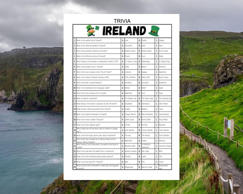 Ireland Trivia Game - 25 Questions, Irish Culture (printable Quiz - PDF ...