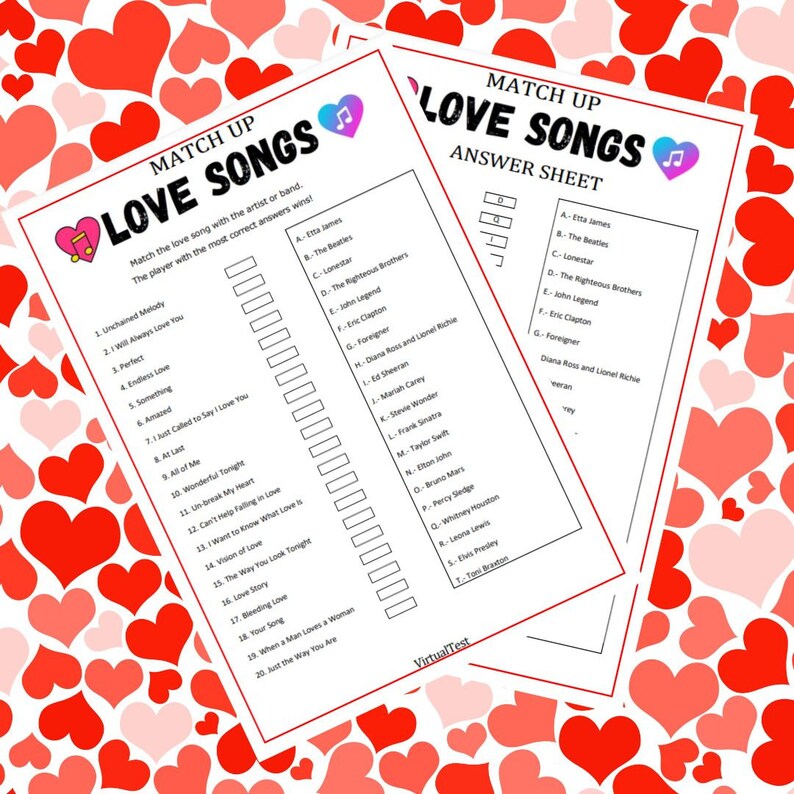 Valentine's Day Love Songs Match up Game (printable) - Etsy