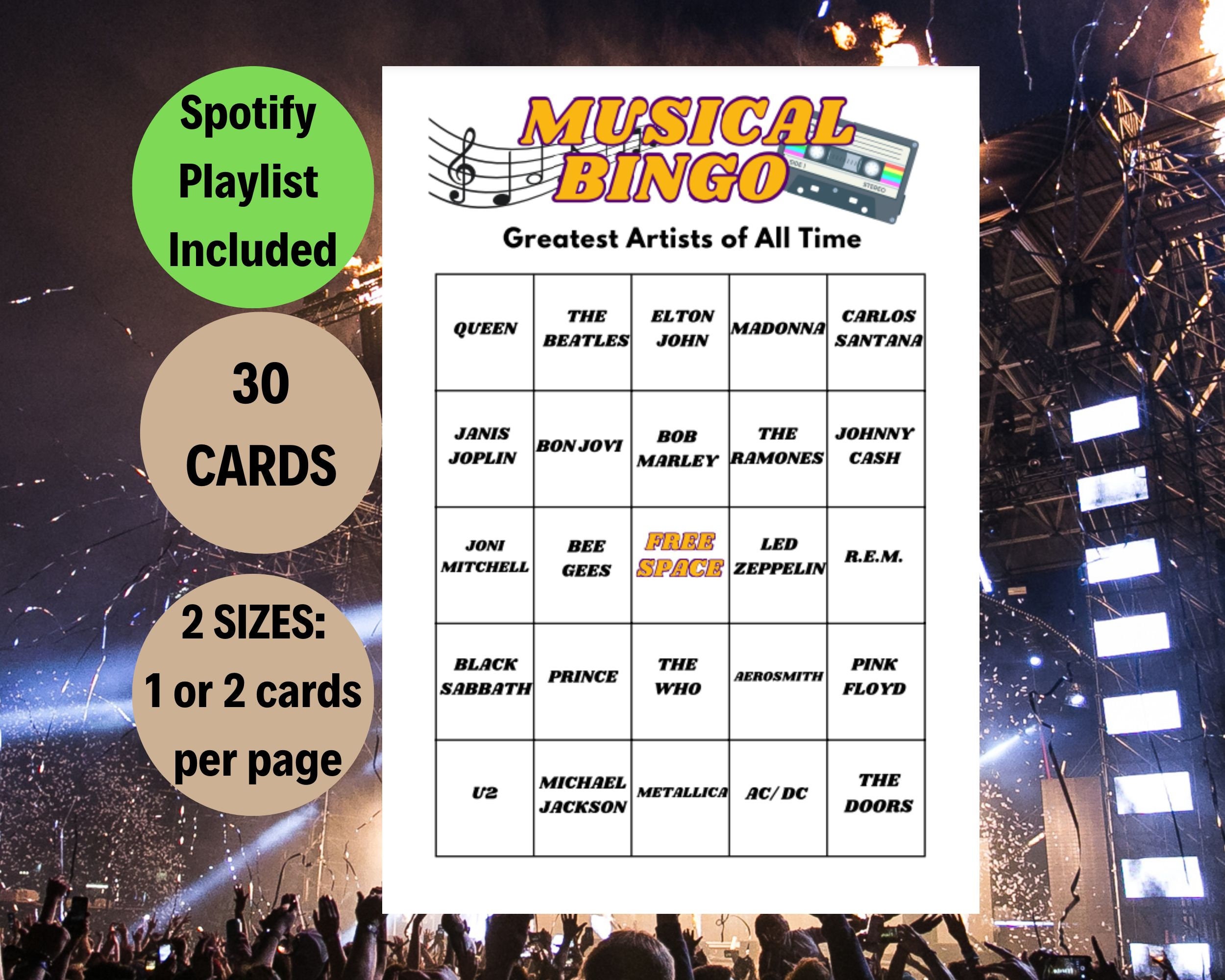 Greatest Artists of All Time Bingo, Musical Bingo Game, Bingo Cards ...