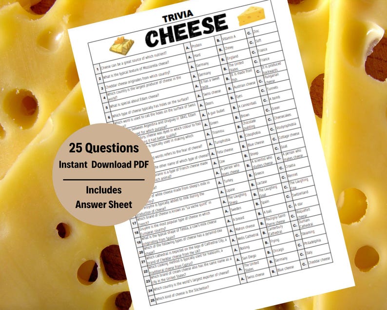 Cheese Trivia Quiz: 25 Questions, Wine Party Game (printable PDF) - Etsy