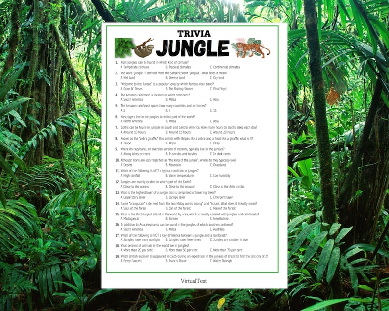 Jungle Trivia Printable, Fun Jungle Quiz, Educational Game, Wildlife ...