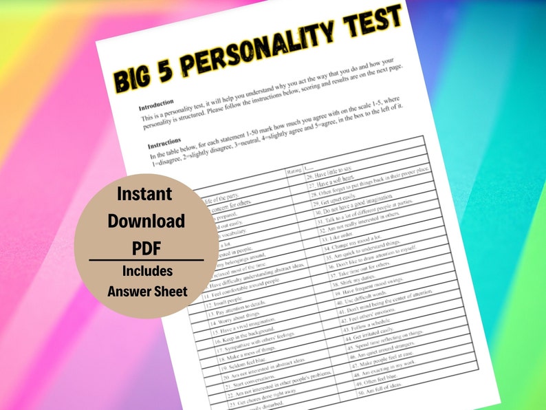 Big 5 Personality Test: Printable Psychological Assessment (PDF) - Etsy