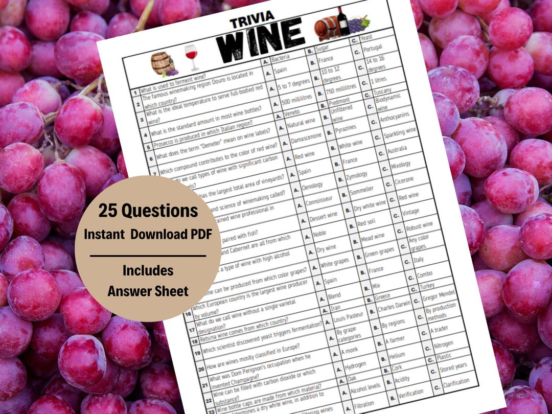 Wine Trivia Game: Fun Quiz for Wine Lovers (PDF) - Etsy