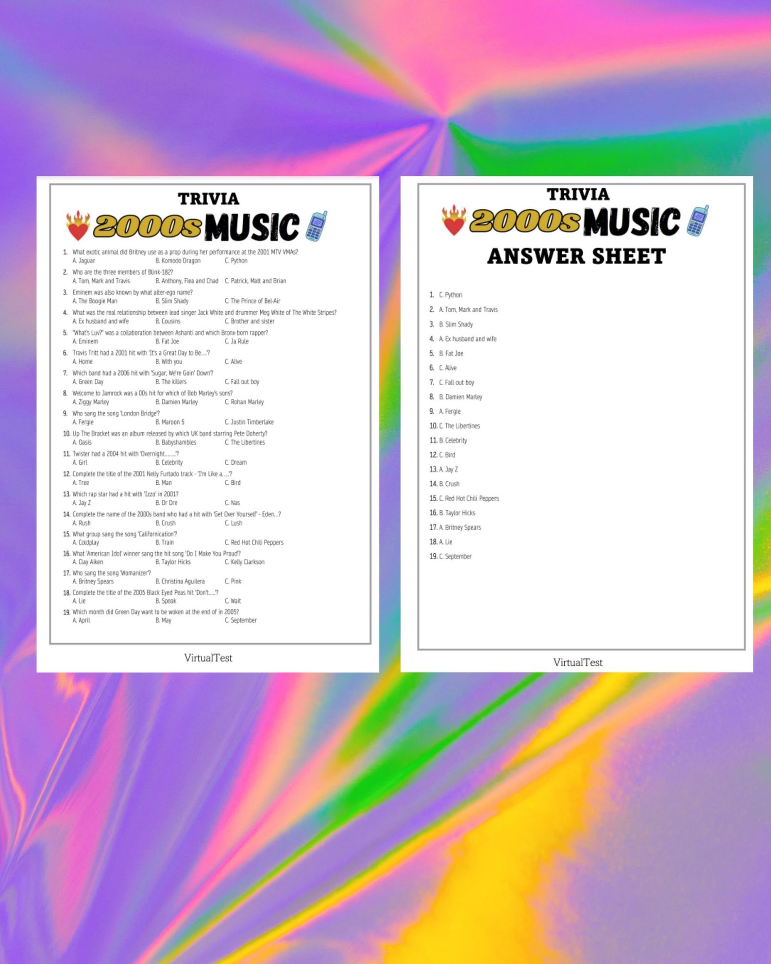 2000s Music Trivia Game: Printable Song Quiz (PDF Download) - Etsy