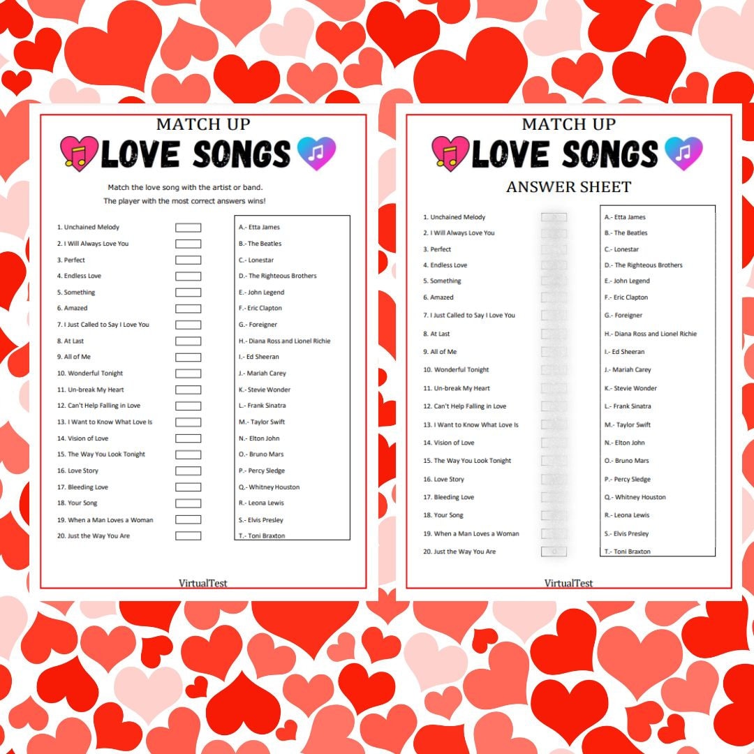 Valentine's Day Love Songs Match up Game (printable) - Etsy