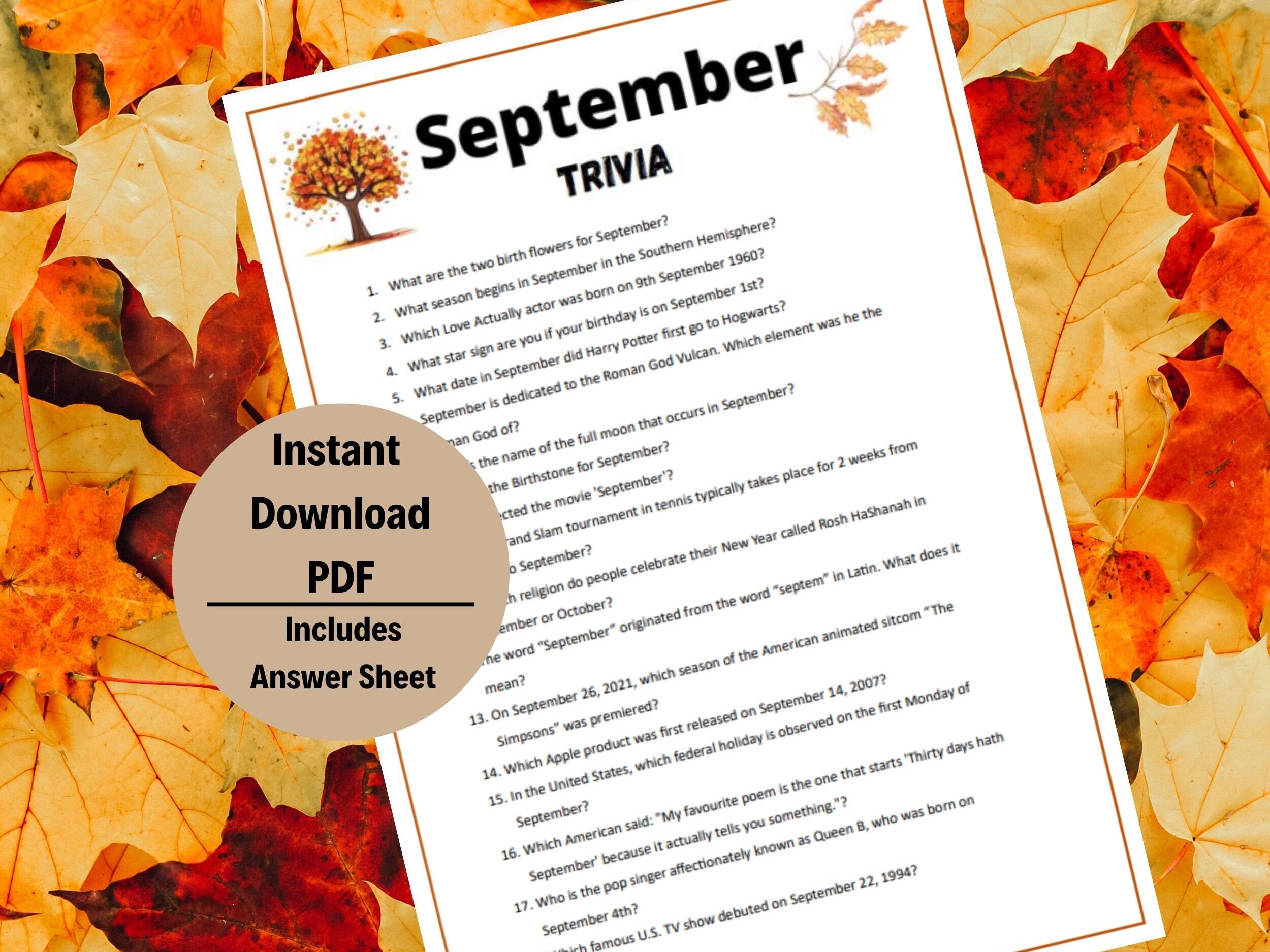 September Trivia Game: Printable Quiz (PDF Download) - Etsy