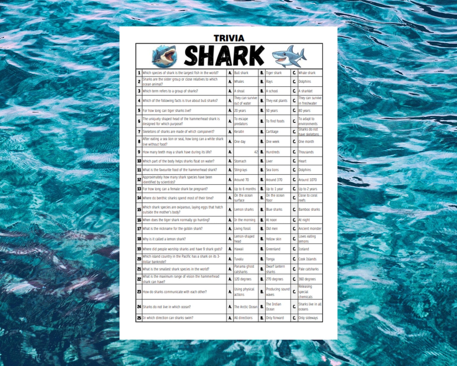 Shark Trivia Quiz: Fun Ocean Facts, Kids & Adults (digital Download) - Etsy