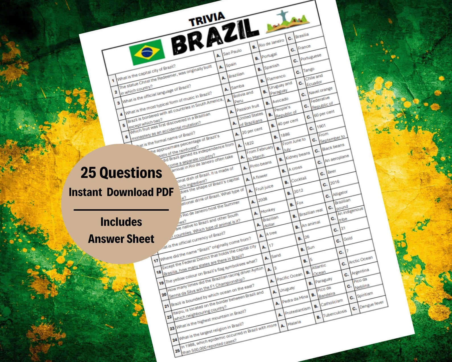 Brazil Trivia Game: Fun Quiz for Family & Parties (digital Download) - Etsy