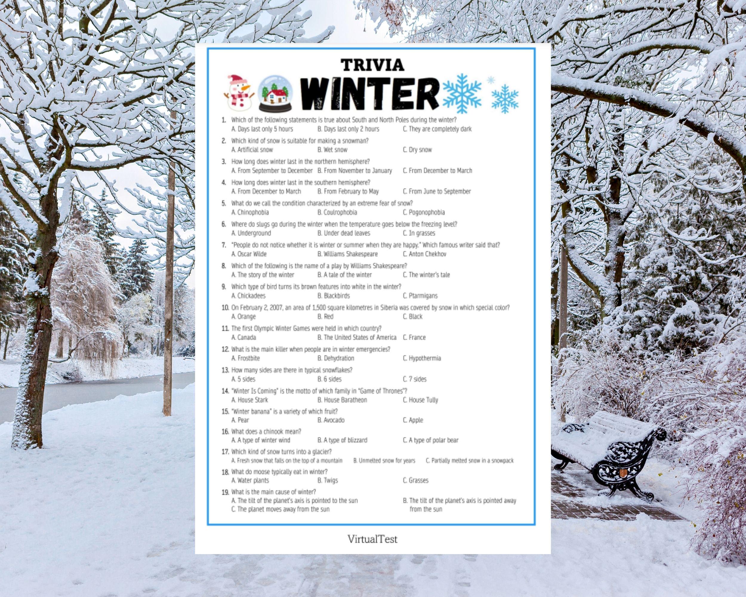 Winter Trivia Printable Game, Fun Family Activity & Holiday ...