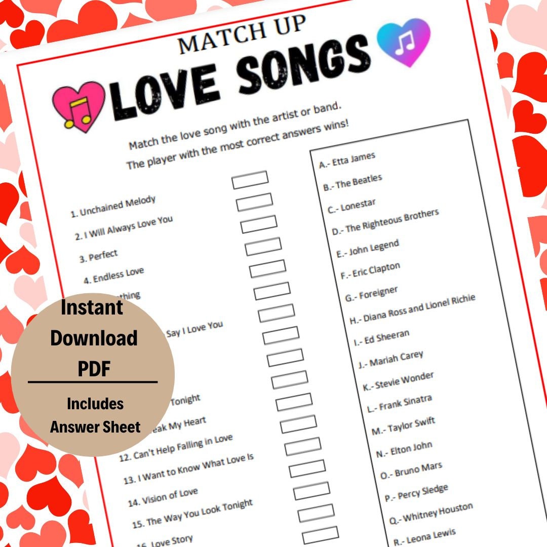 Valentines Day Love Songs Match up Game Printable | Printable Valentine ...
