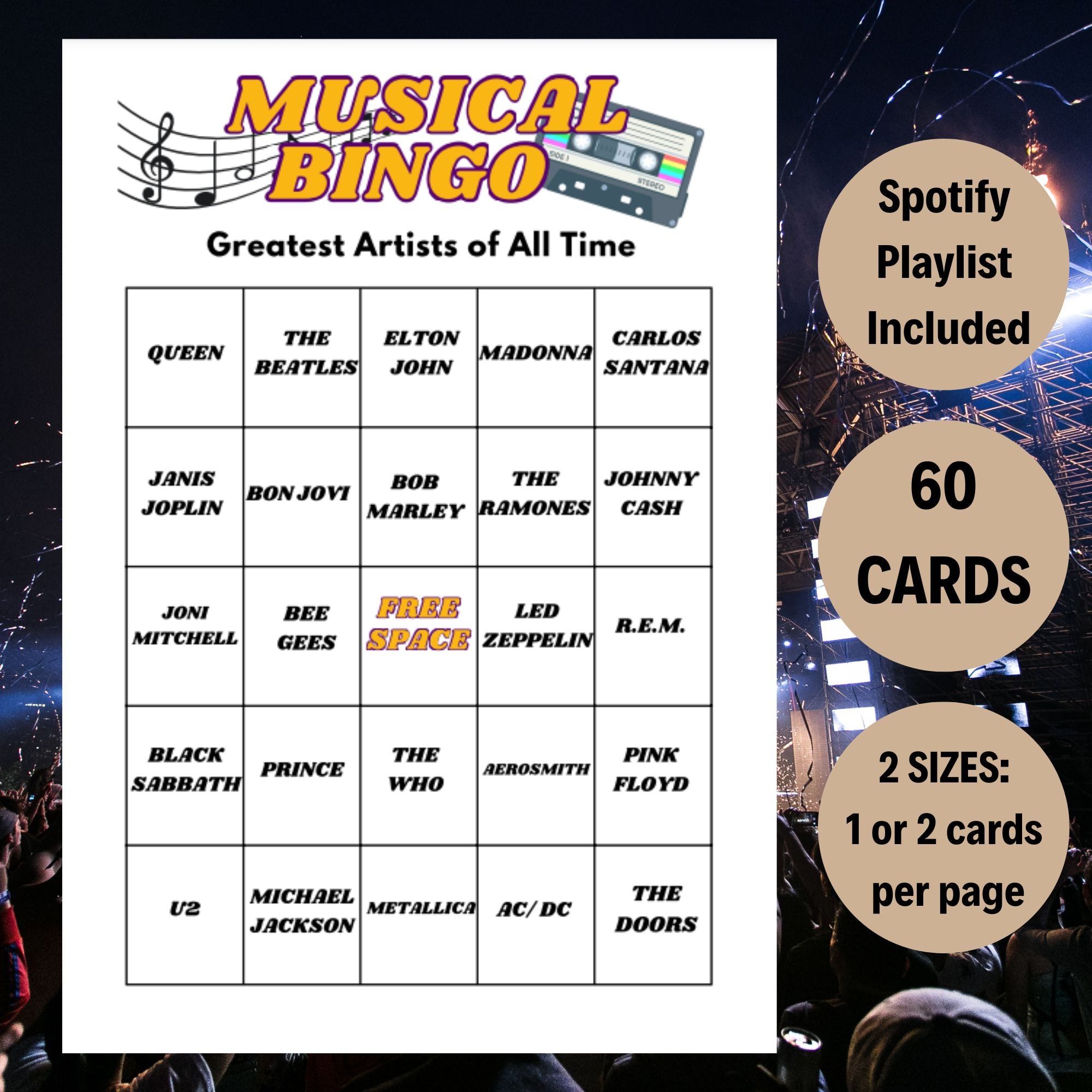 Greatest Artists of All Time Bingo, Musical Bingo Game, Bingo Cards ...