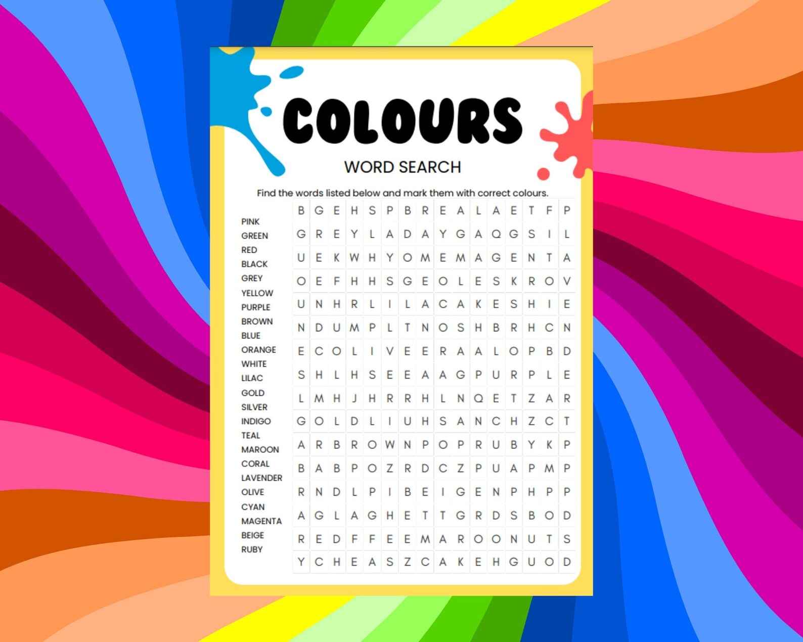 Hard Colours Word Search Printable | Word Search Games | Printable Word ...